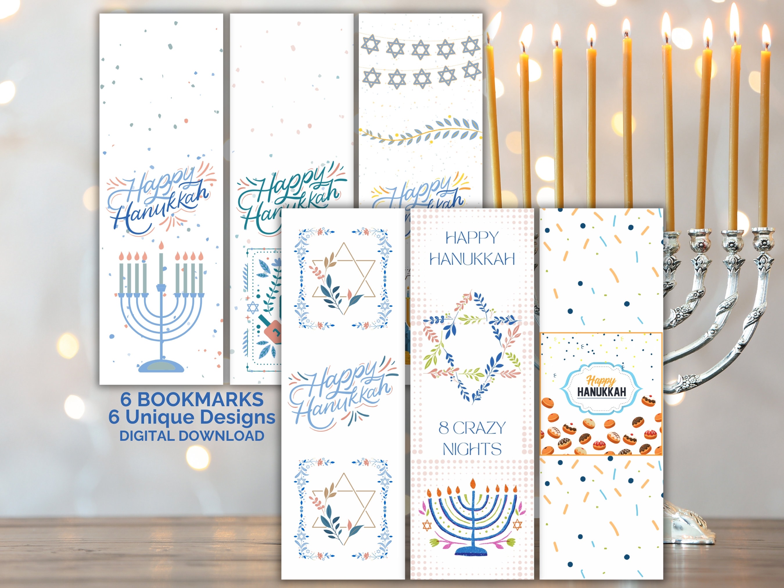 6-hanukkah Printable Bookmarks, Digital Collage Sheet, Festive Holiday ...