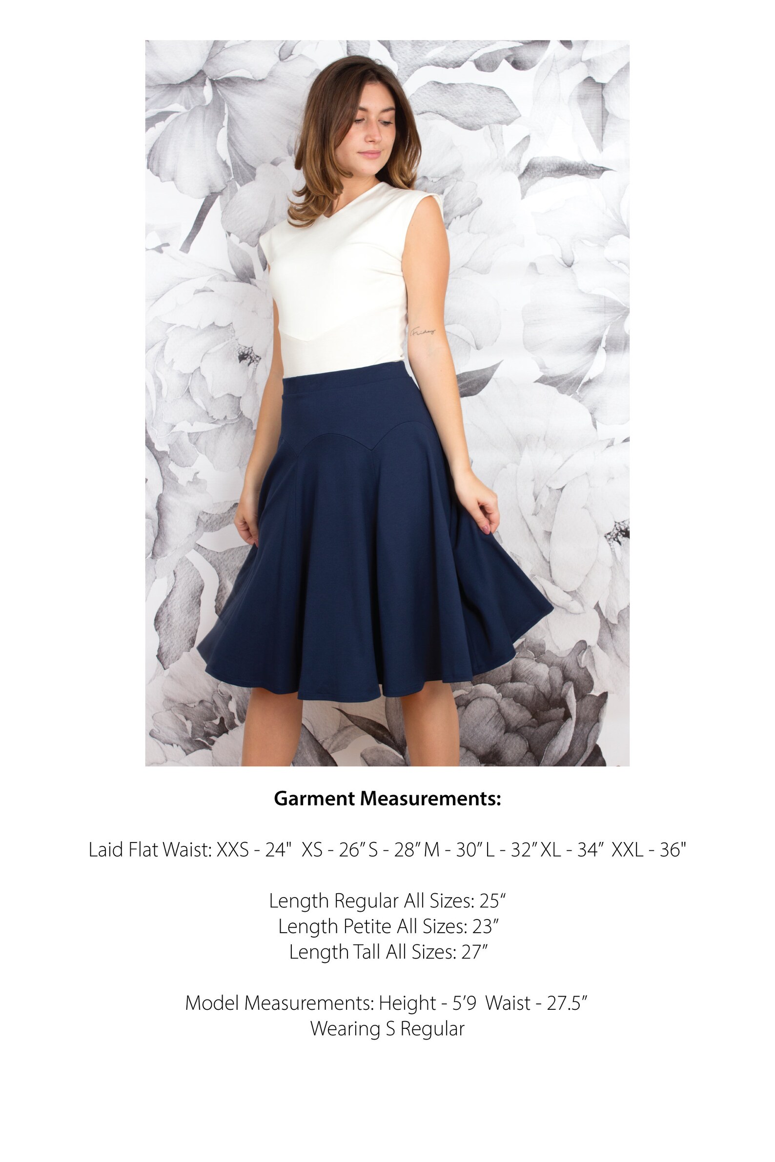 Scalloped Yoke Skirt, Work Skirt, High Waist Skirt, Swing Pockets, Navy ...