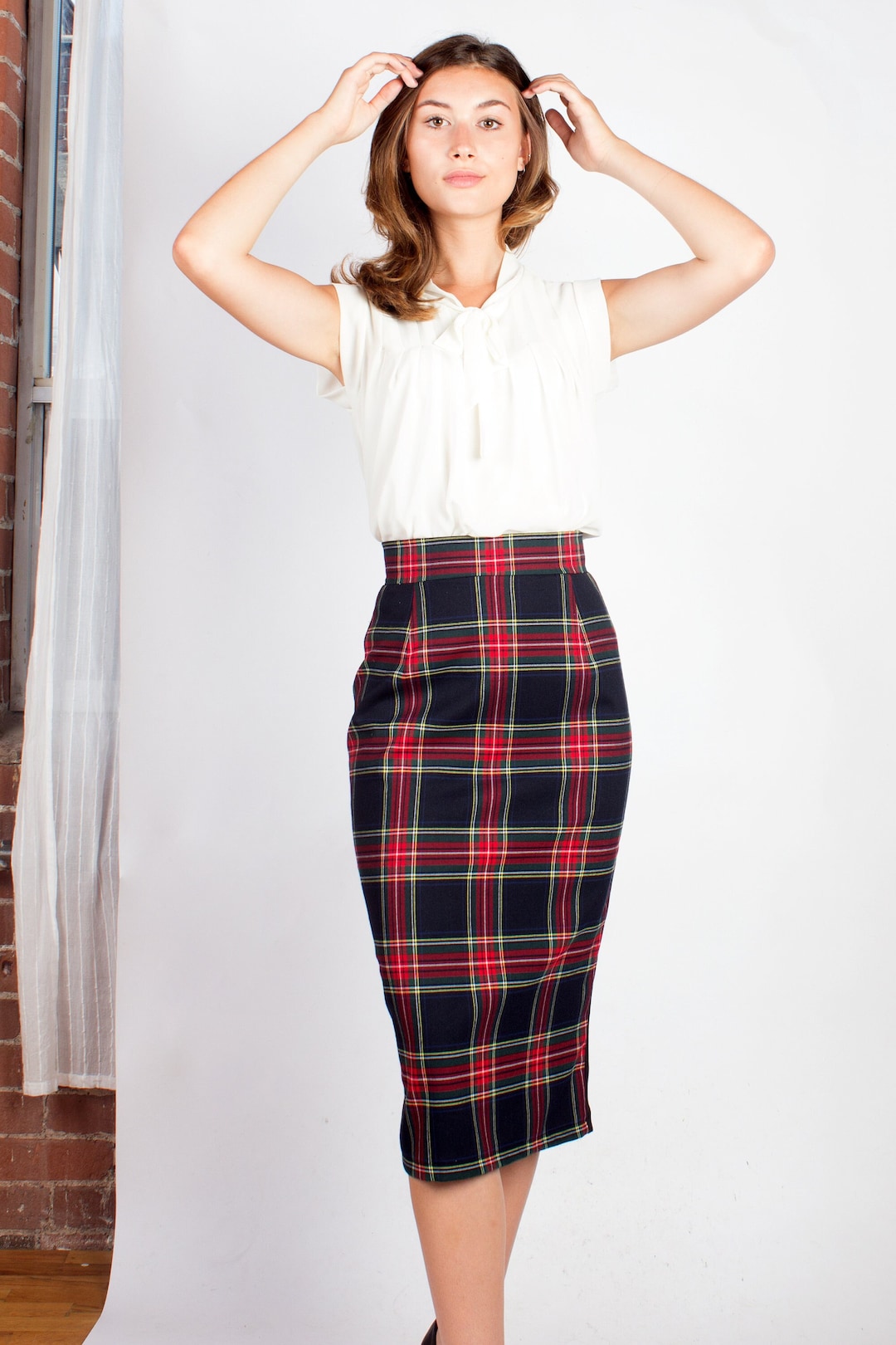Tartan Pencil Skirt Tartan Midi Skirt Tartan High Waist Skirt Plaid Work Skirt Plaid Pencil