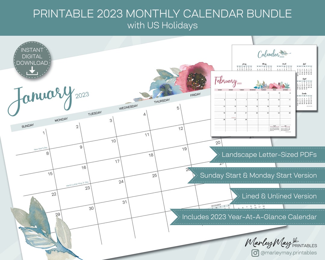 2023 Botanical Printable Calendar Desktop Calendar Yearly Wall Calendar ...