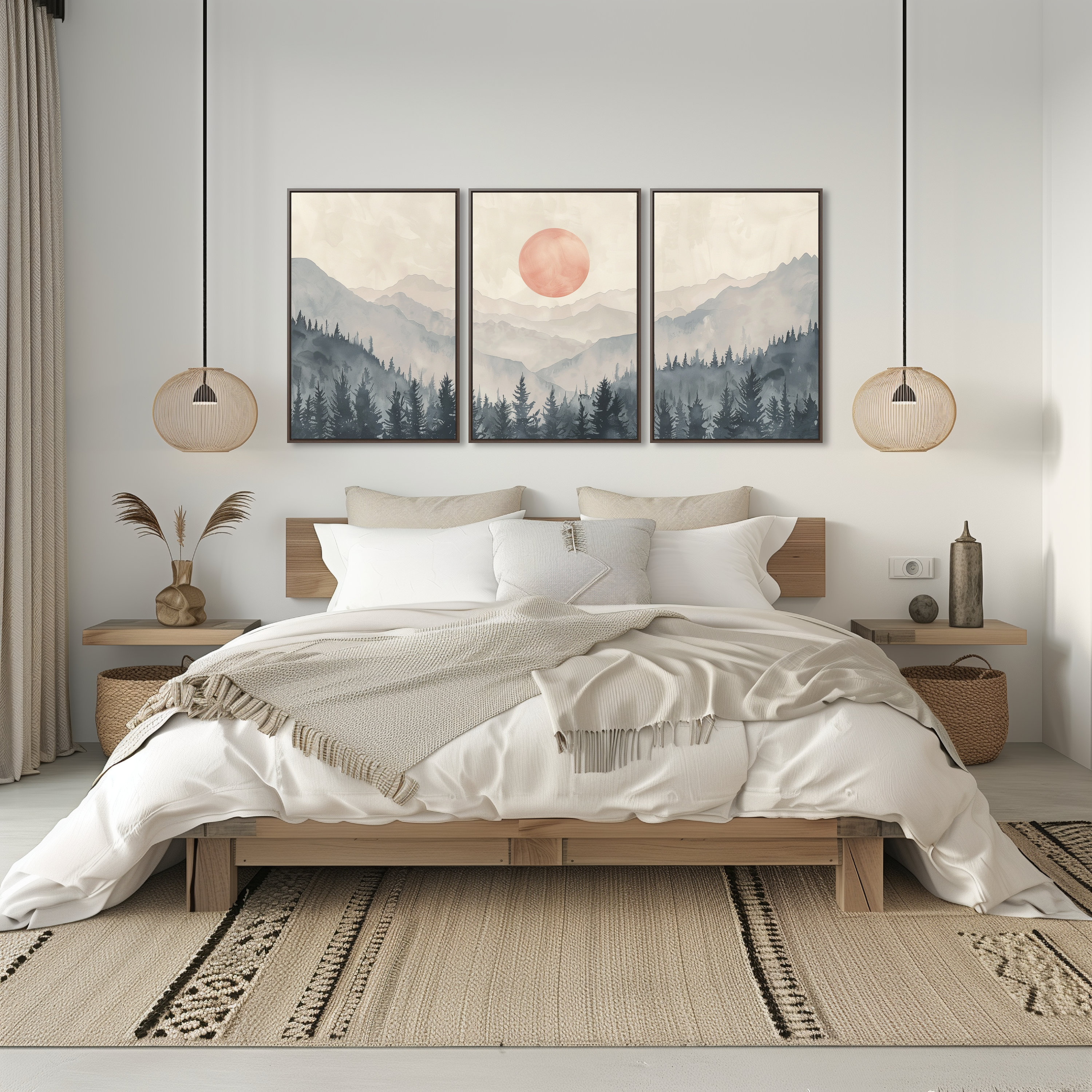 Misty Mountain Sunrise Triptych Canvas Set of 3 Serene Nature Wall Art ...