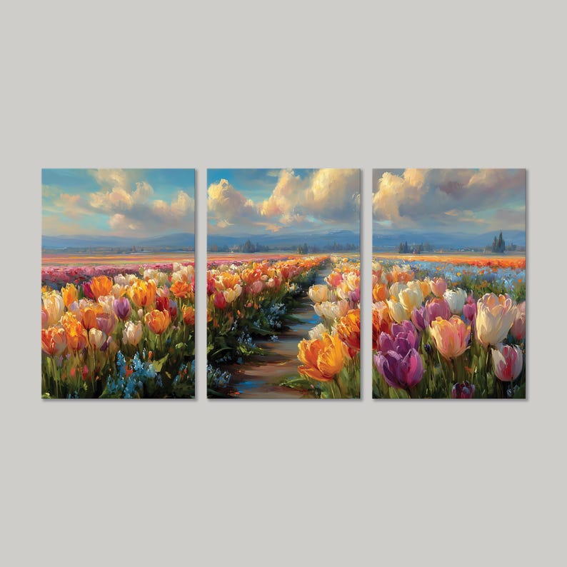 Spring Tulip Field Canvas Wall Art | Colorful Flower Farm Landscape Oil ...