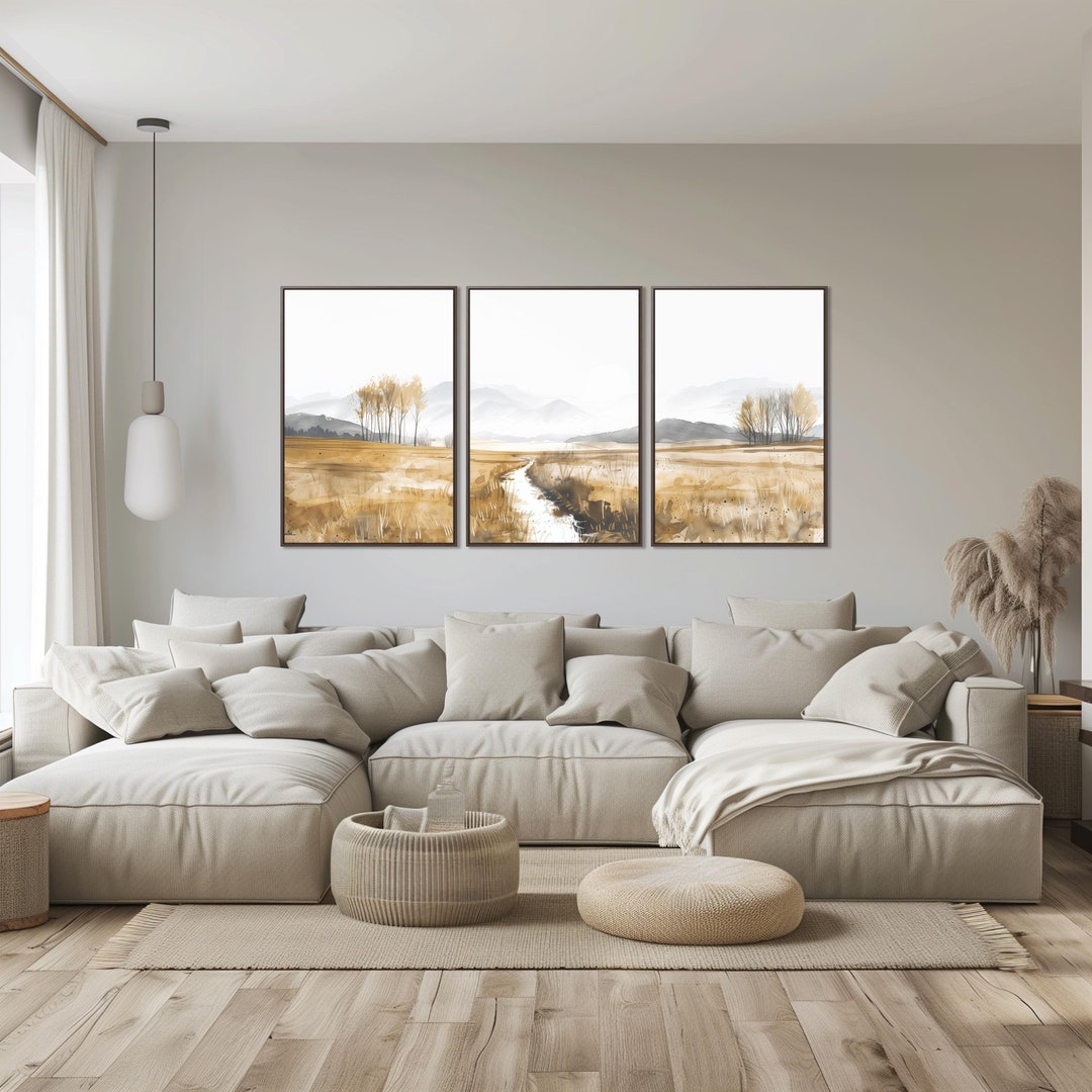 Prairie Landscape Canvas Wall Art | Rustic Watercolor Stream Decor - Etsy