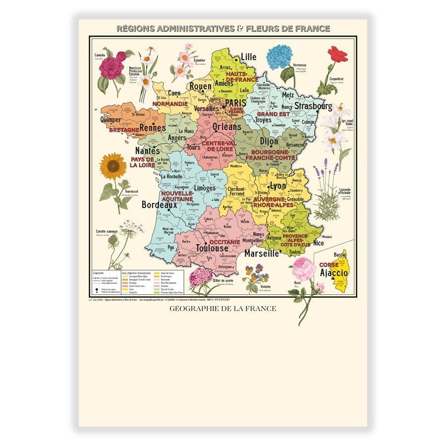 Map of the Regions and Flowers of France A1 Format delivered Folded ...