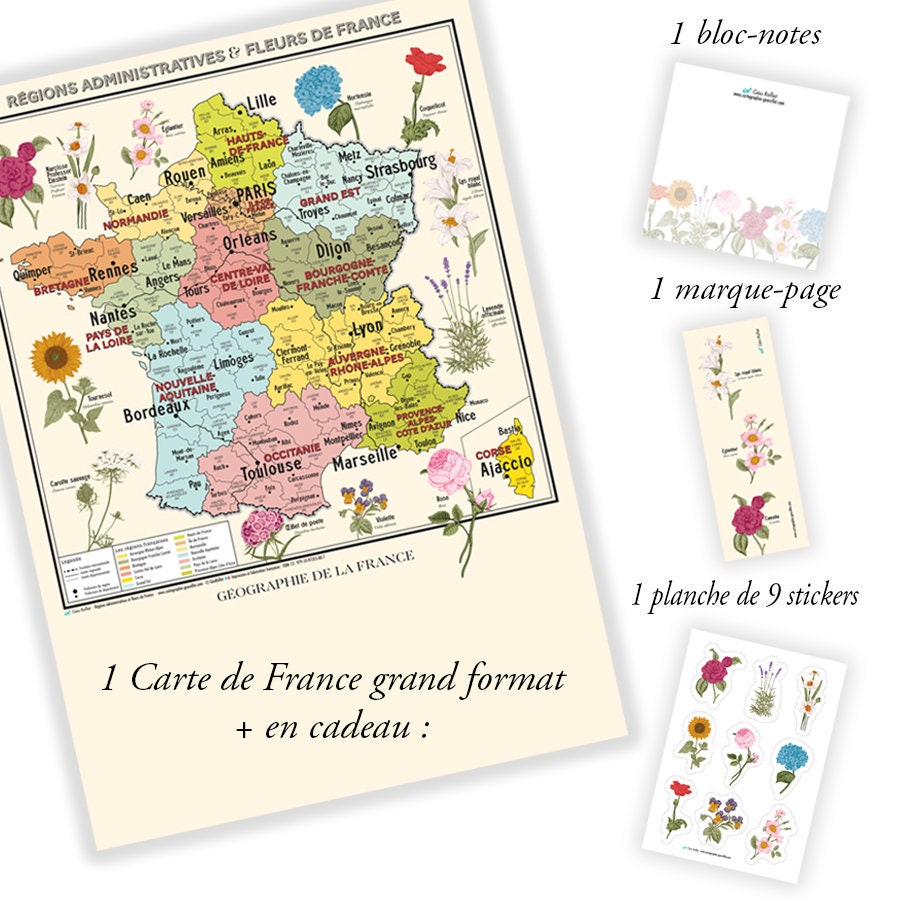 Map of the Regions and Flowers of France A1 Format delivered Folded ...