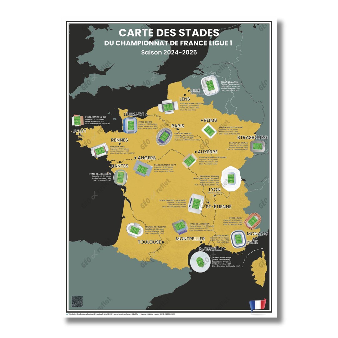 Map of French Ligue 1 Football Stadiums: 2024-2025 Season - 50x70cm ...