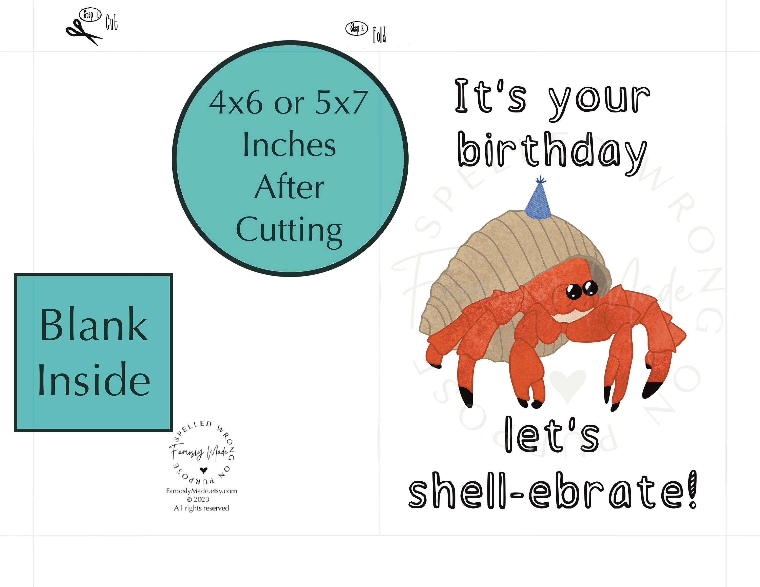 Funny Hermit Crab Birthday Card: Shell-ebrate Pun (digital Download) - Etsy
