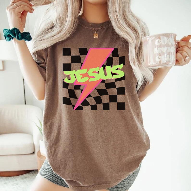 Neon Jesus Comfort Colors Tee, Christian Lightning Bolt Shirt - Etsy