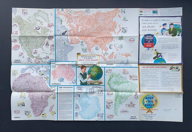 Vintage Map Esso Know Your World Map 1958 - Etsy
