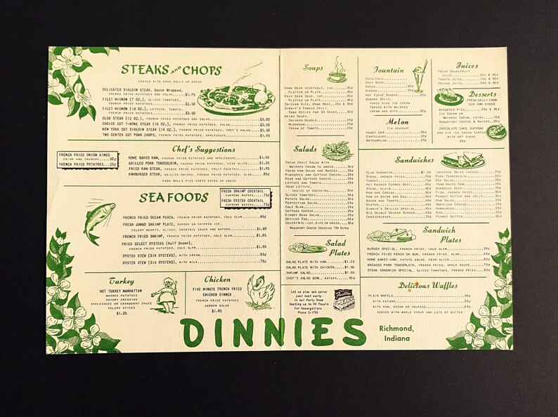 Vintage Restaurant Menu Dinnies of Richmond Indiana - Rare - Etsy