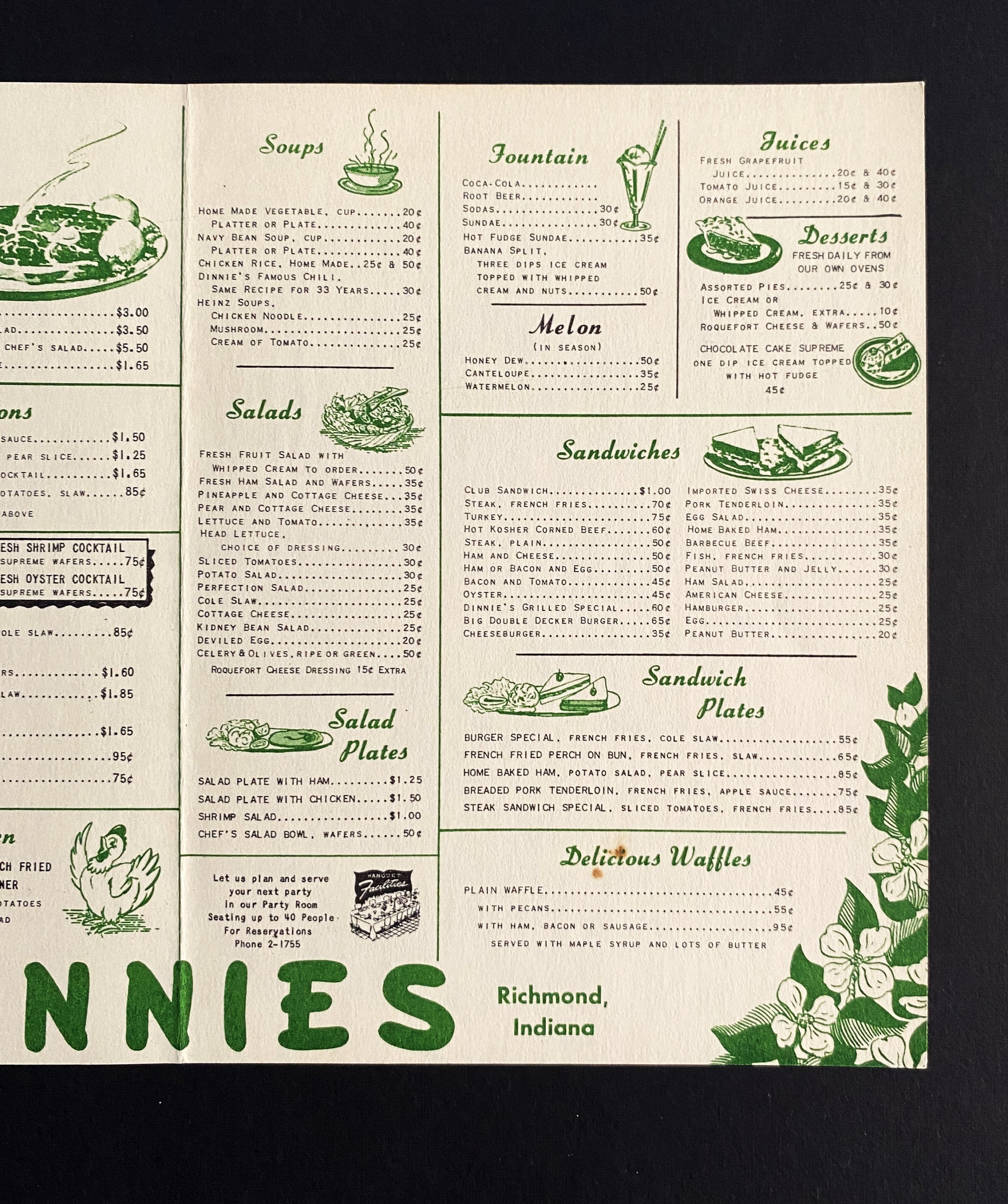 Vintage Restaurant Menu Dinnies of Richmond Indiana - Rare - Etsy