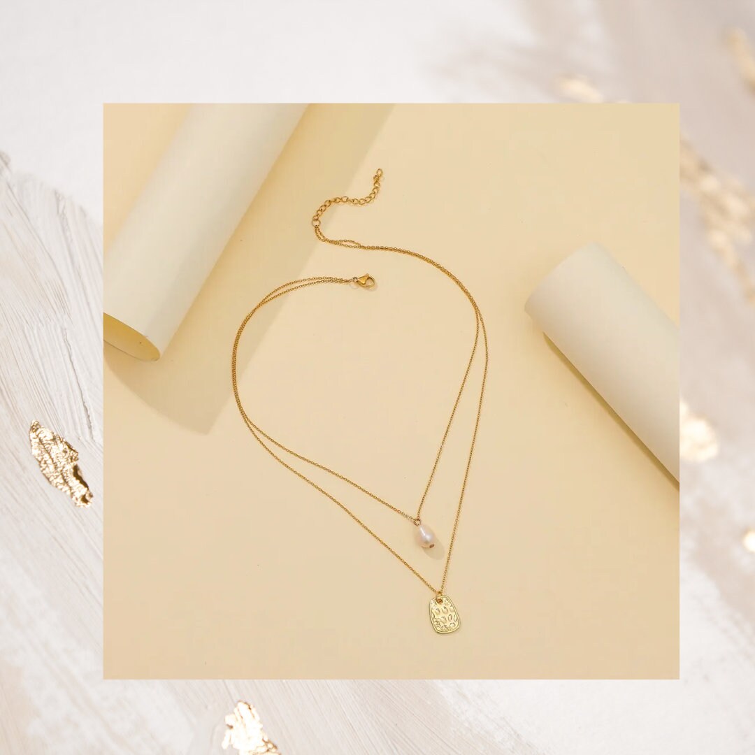 Crown Story 2 Layer Gold Dainty Chain Necklace With Pearl Drop & Golden ...