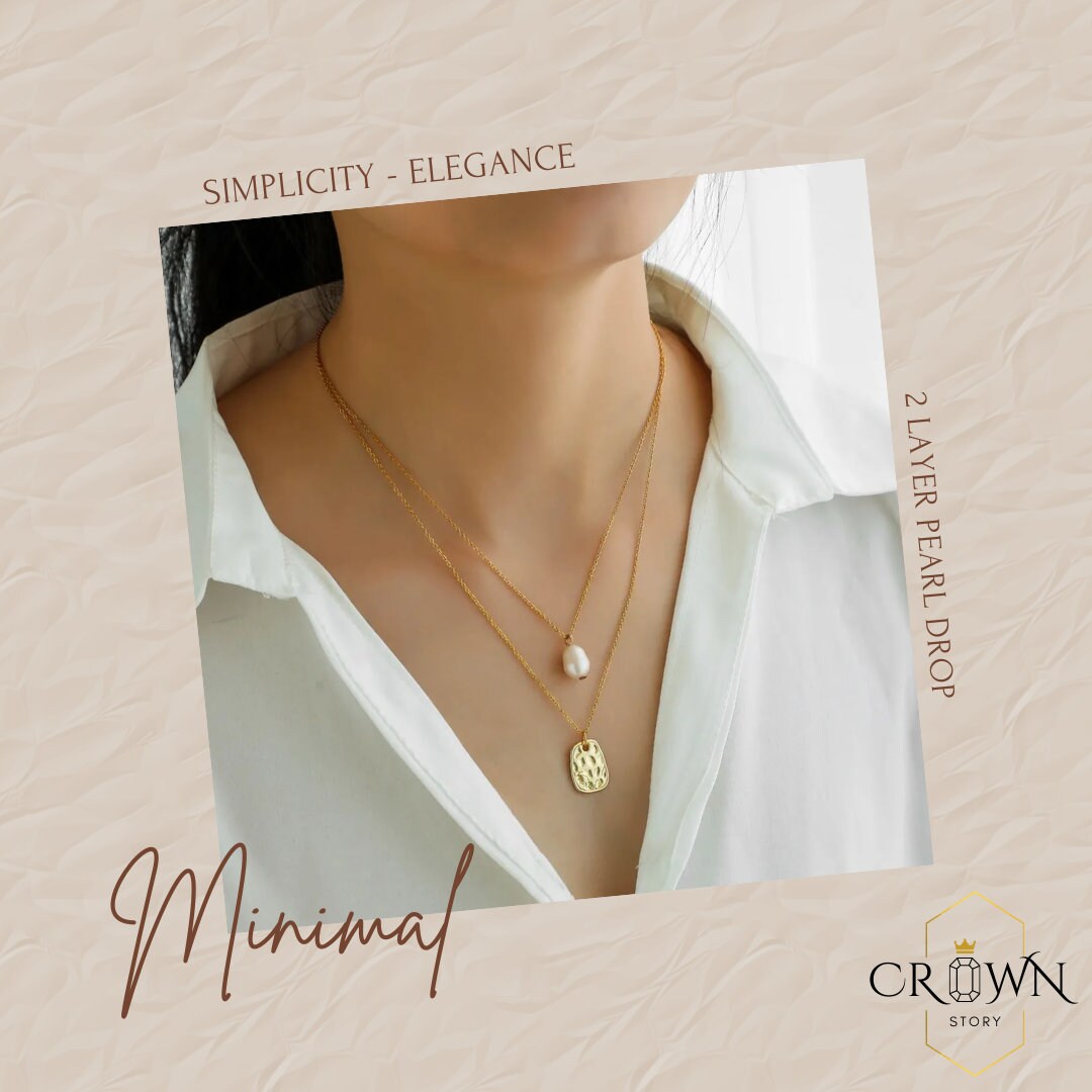 Crown Story 2 Layer Gold Dainty Chain Necklace With Pearl Drop & Golden ...