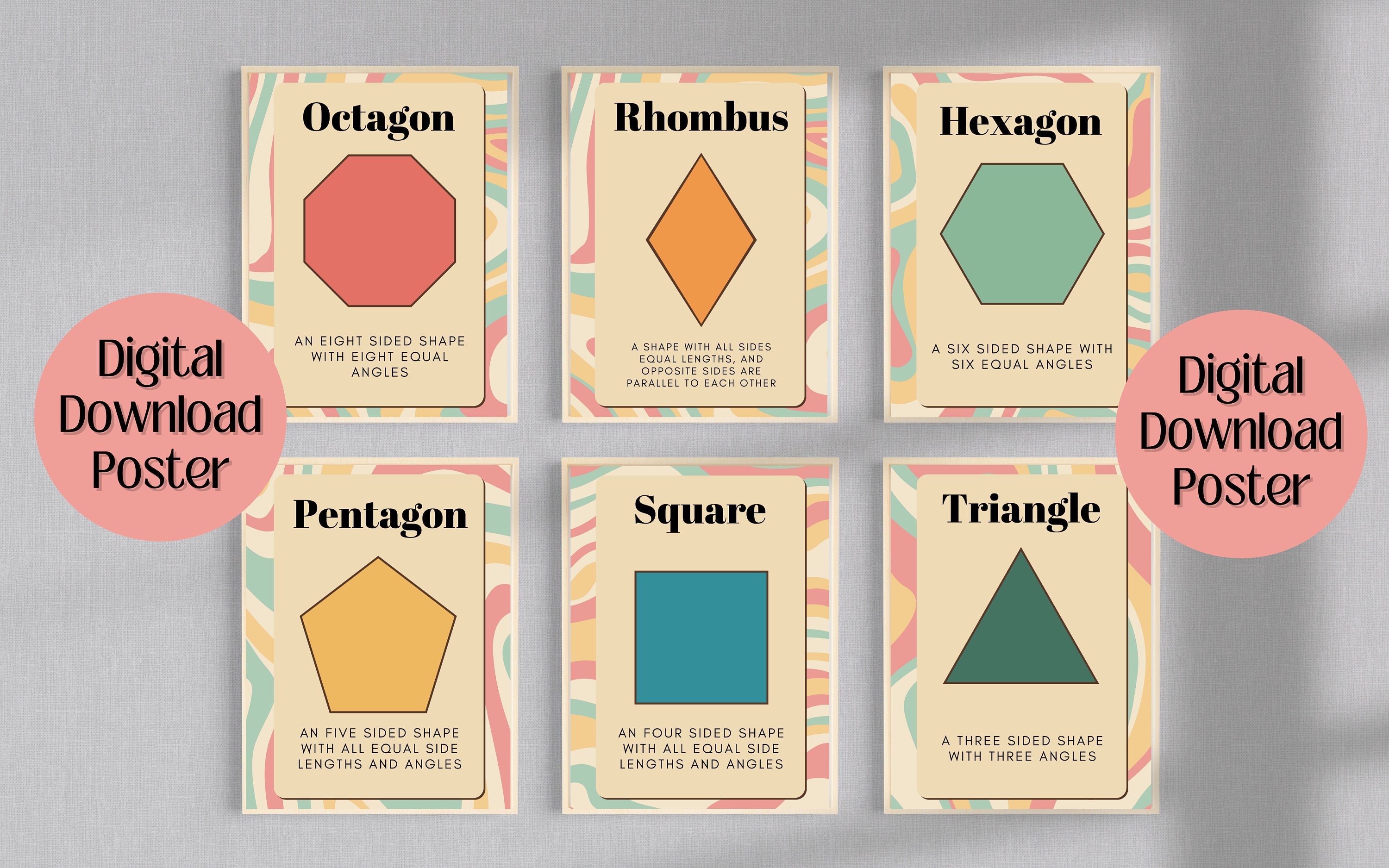 Set 8 Geometric Shapes Classroom Posters, Retro Math Posters, Kids Math ...