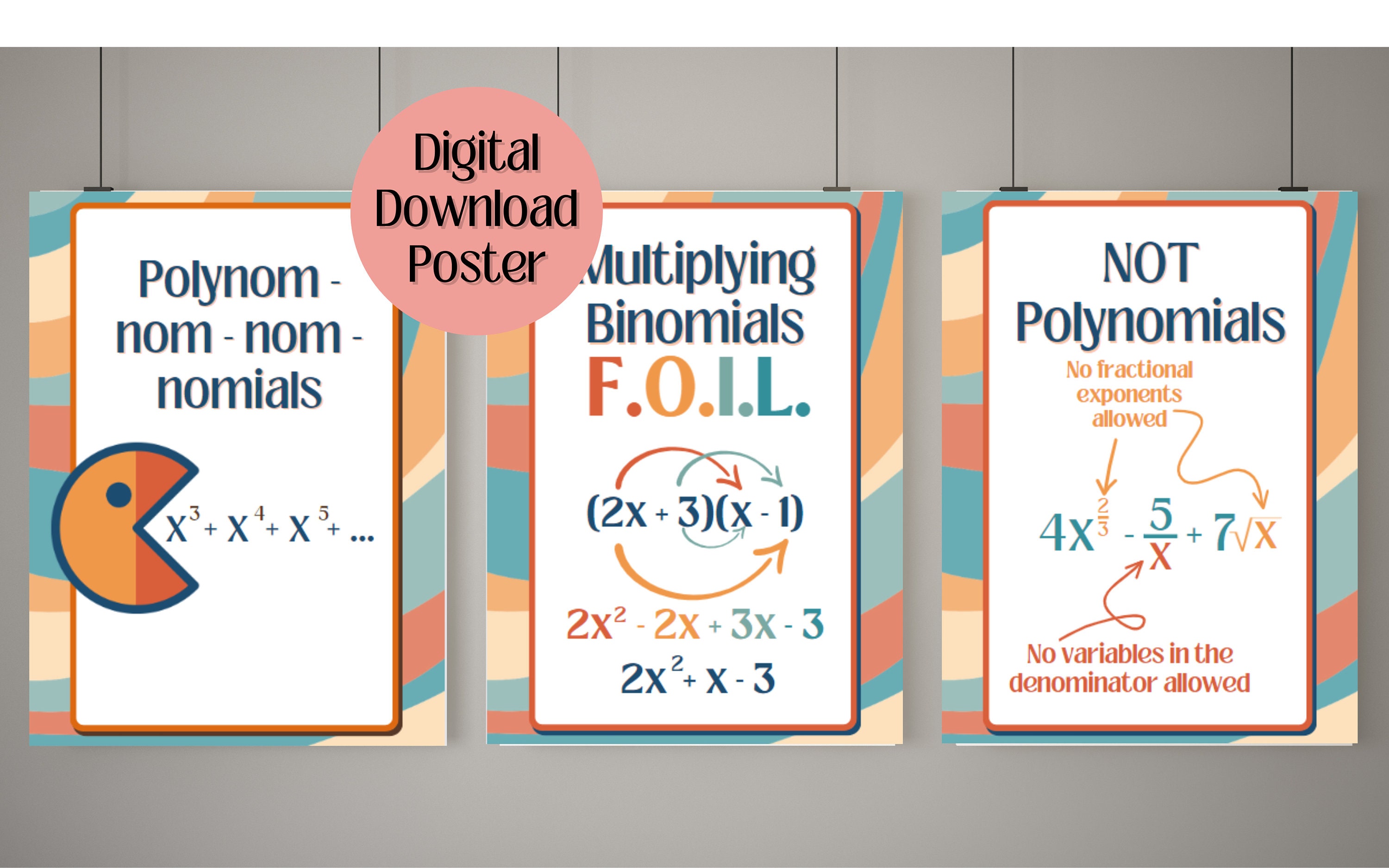 Set of 6 Polynomials Math Classroom Posters, Retro Math Posters, High ...
