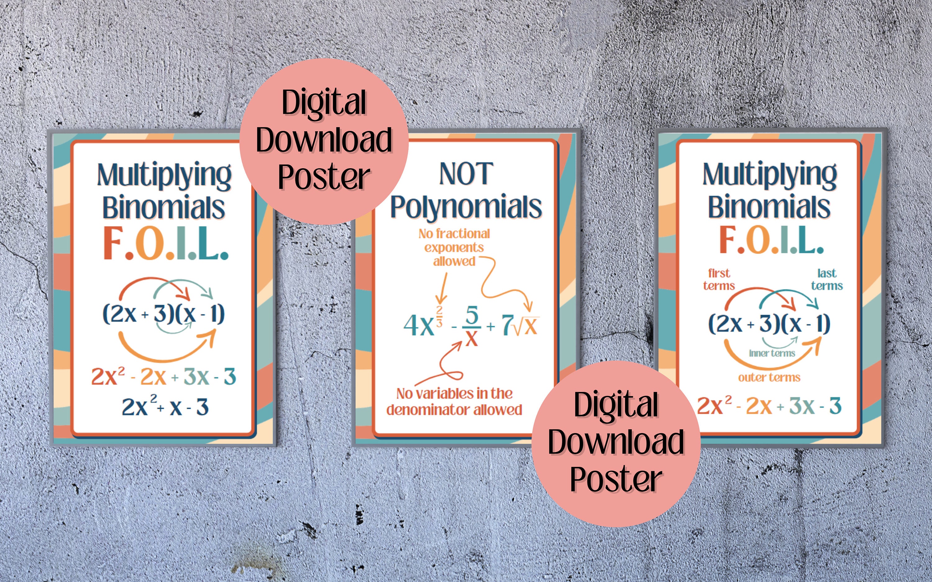 Set of 6 Polynomials Math Classroom Posters, Retro Math Posters, High ...