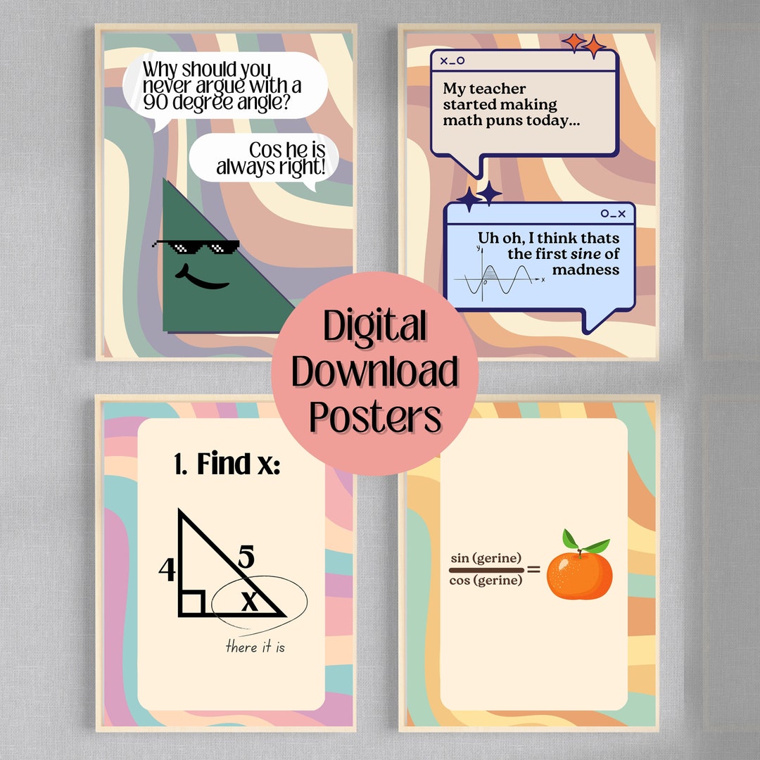 Set of 4 Trigonometry Math Classroom Posters, Retro Math Posters, Funny ...