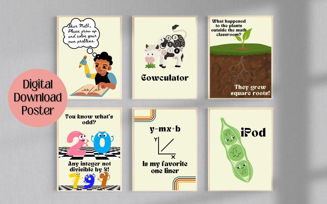 Set of 6 Funny Math Classroom Posters, Retro Math Posters, High School ...