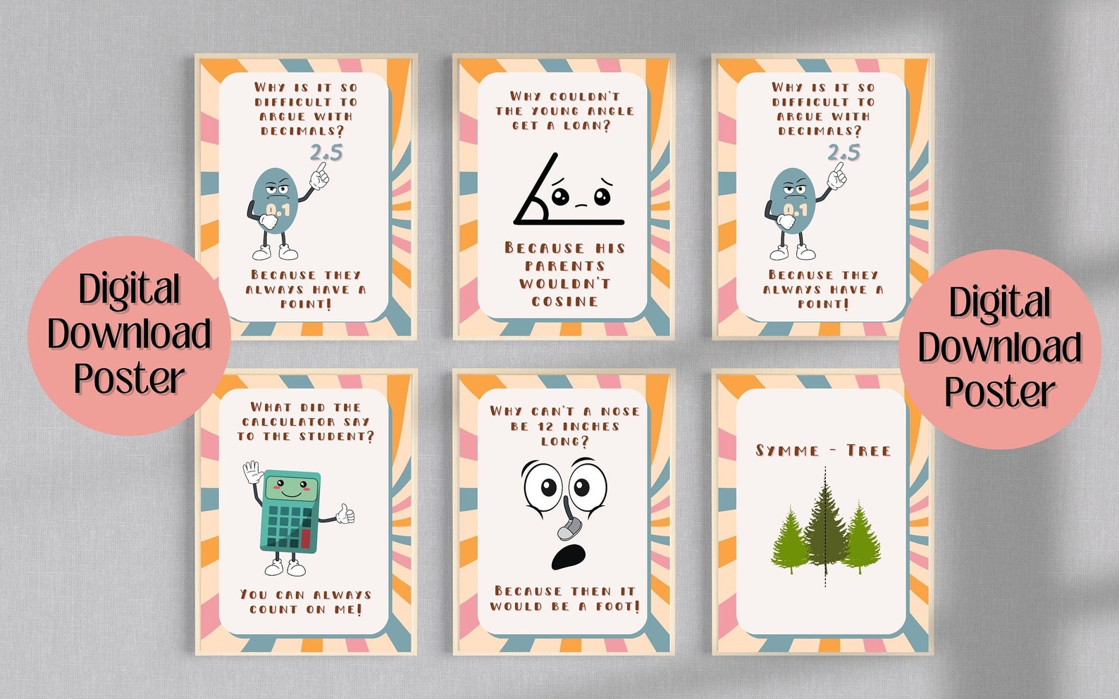 Set of 6 Cute Funny Classroom Posters, Retro Math Posters, High School ...