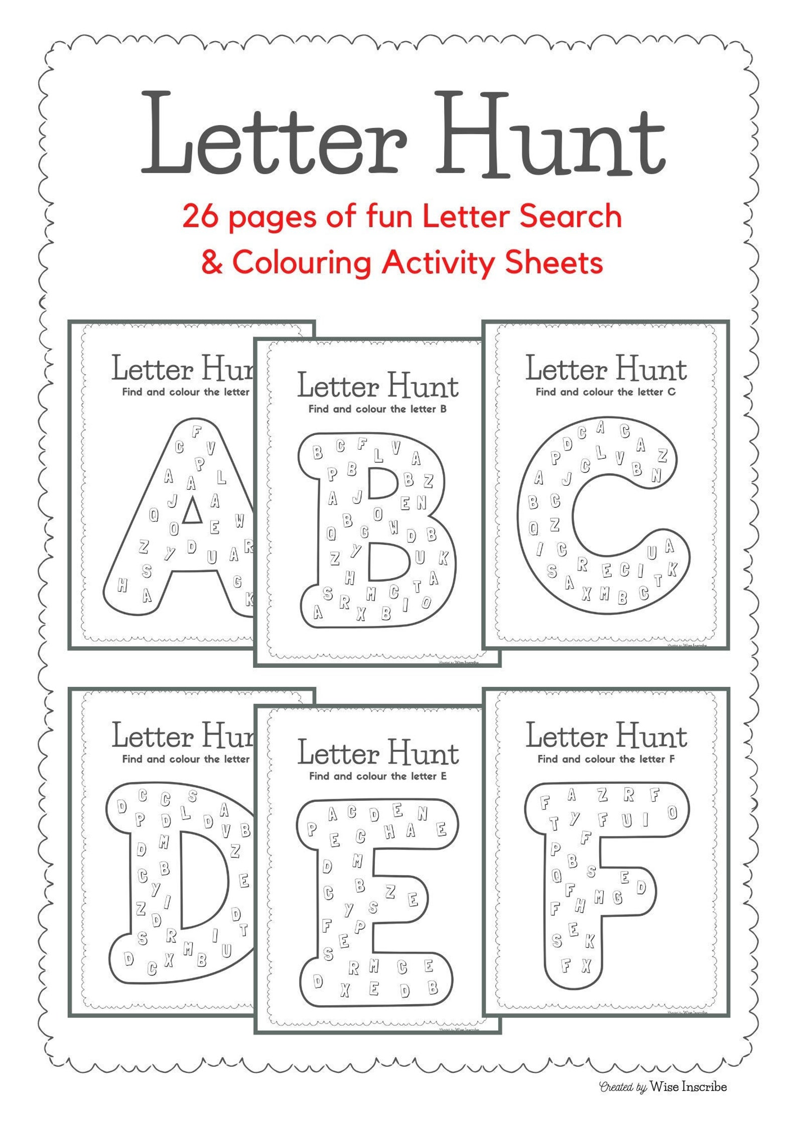 26 Letter Hunt Alphabet Worksheets Printable ABC Colouring Nursery EYFS ...