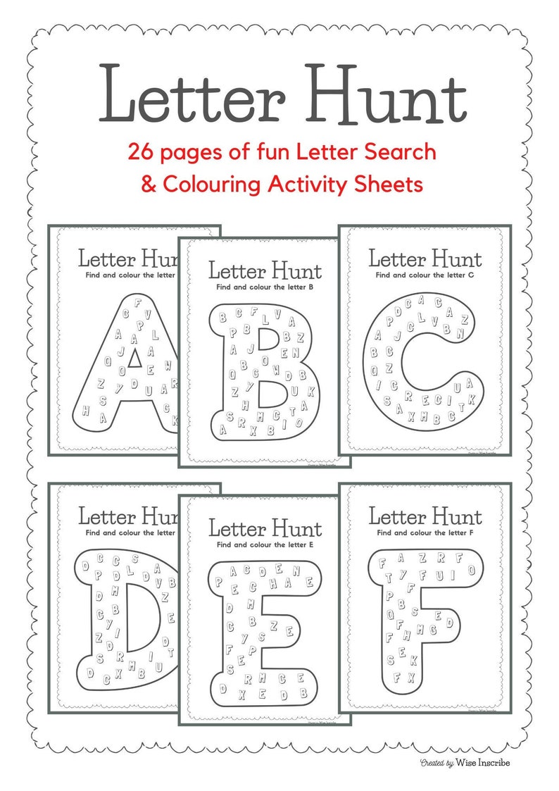 26 Letter Hunt Alphabet Worksheets Printable ABC Colouring Nursery EYFS ...