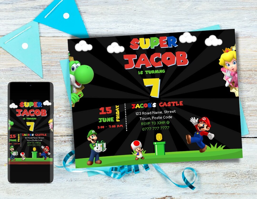 Editable Kids Party Invite, Digital Birthday Invitation, Super Mario ...