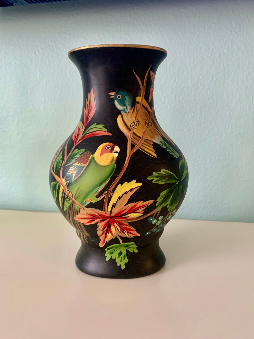 Vintage Ceramic Hand Painted Black Matte Vase With Birds and Fauna 8 - Etsy