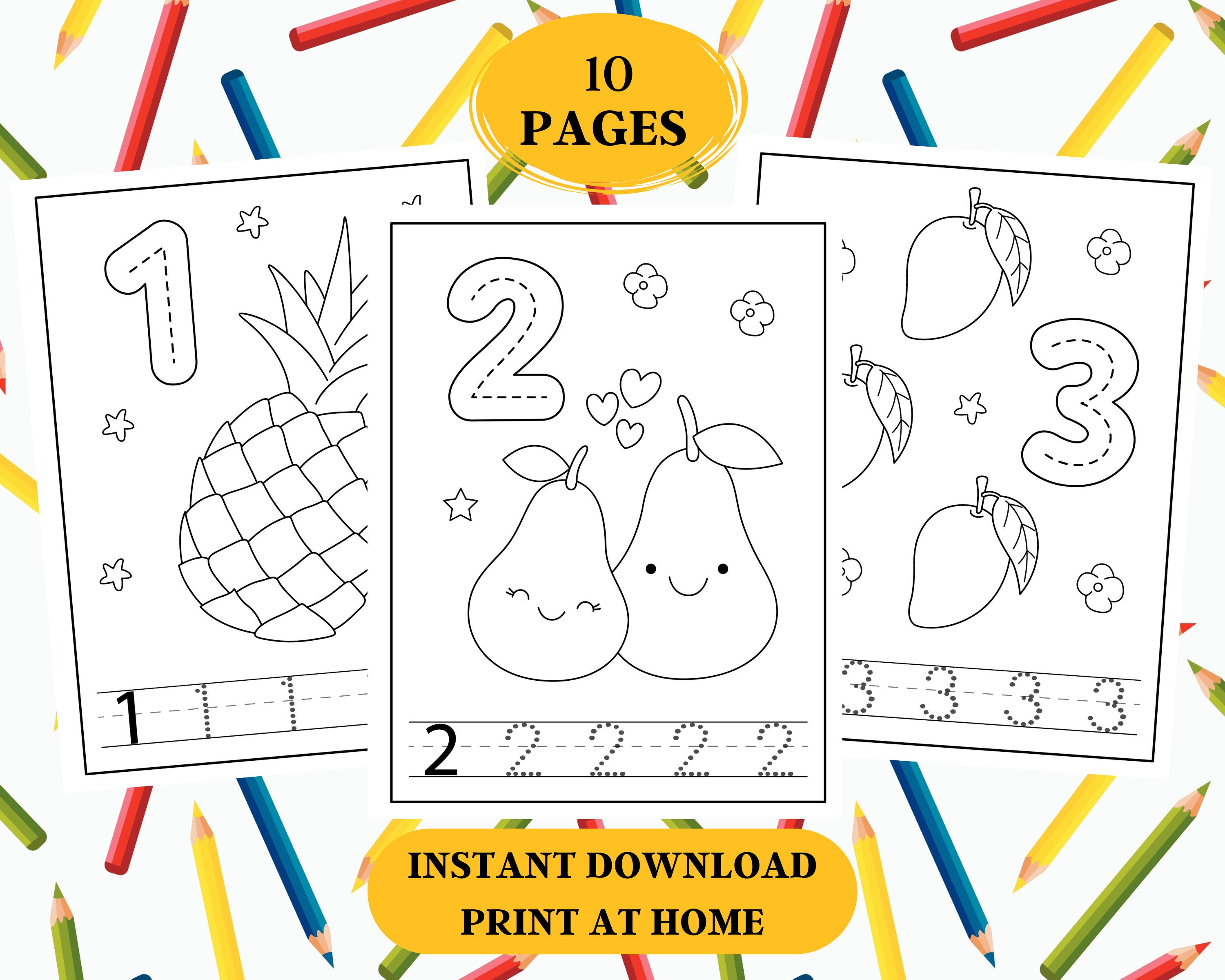 Fruit Number Printable Coloring and Tracing Pages Activities for ...