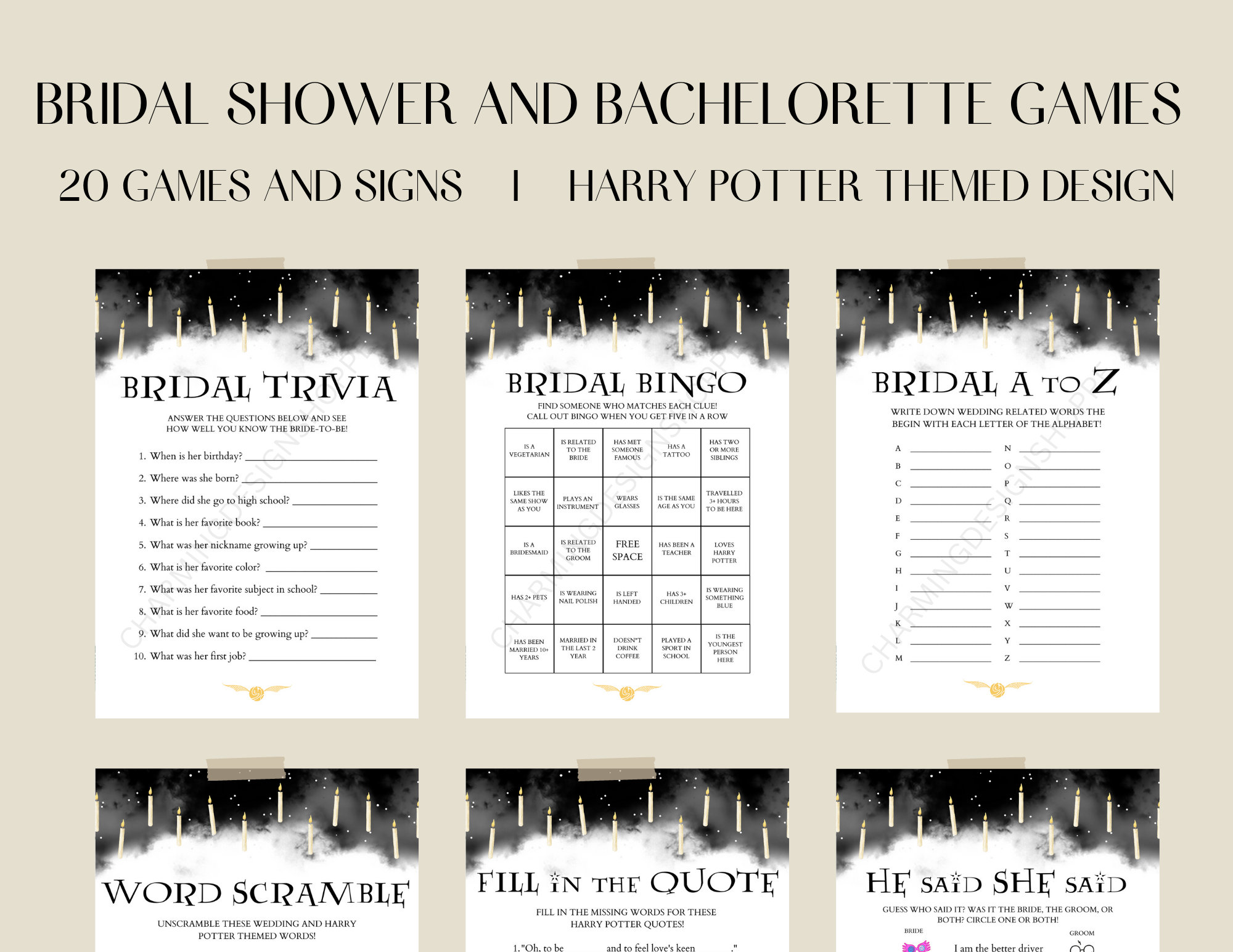 Bridal Shower Wizard Games, Bachelorette Wizard Games, Printable Bridal ...