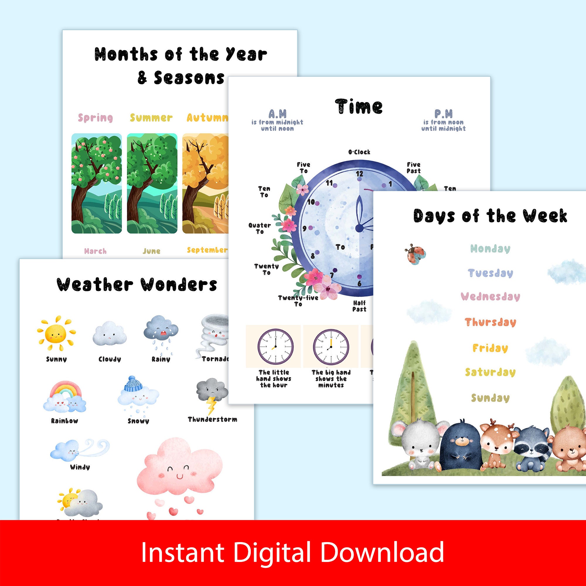 Set of 11 Educational Activities Posters, Kids Room Posters Homeschool ...