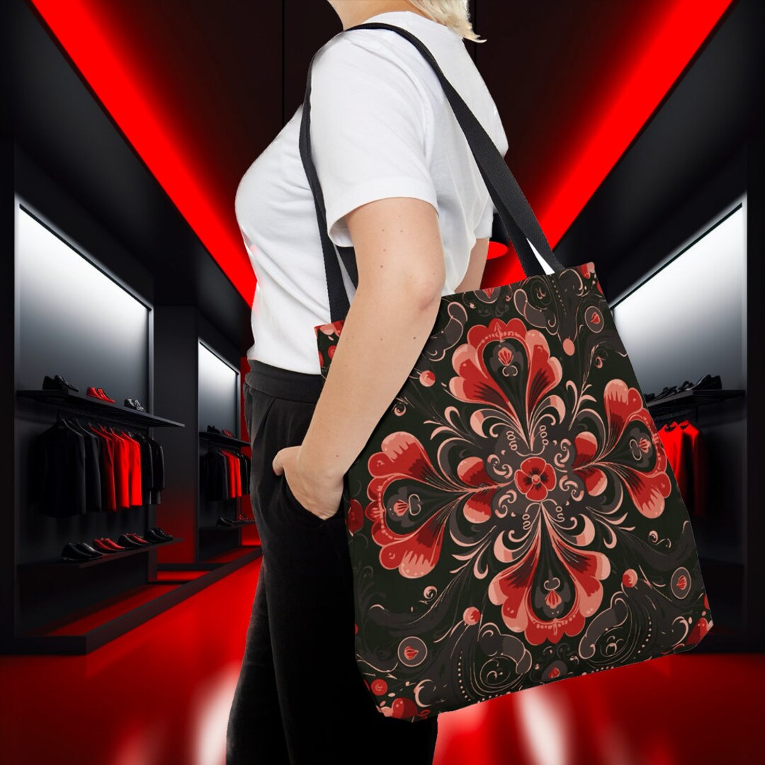 Goth Flower Tote Bag, Red and Black Floral Design | Aesthetic Goth Tote ...