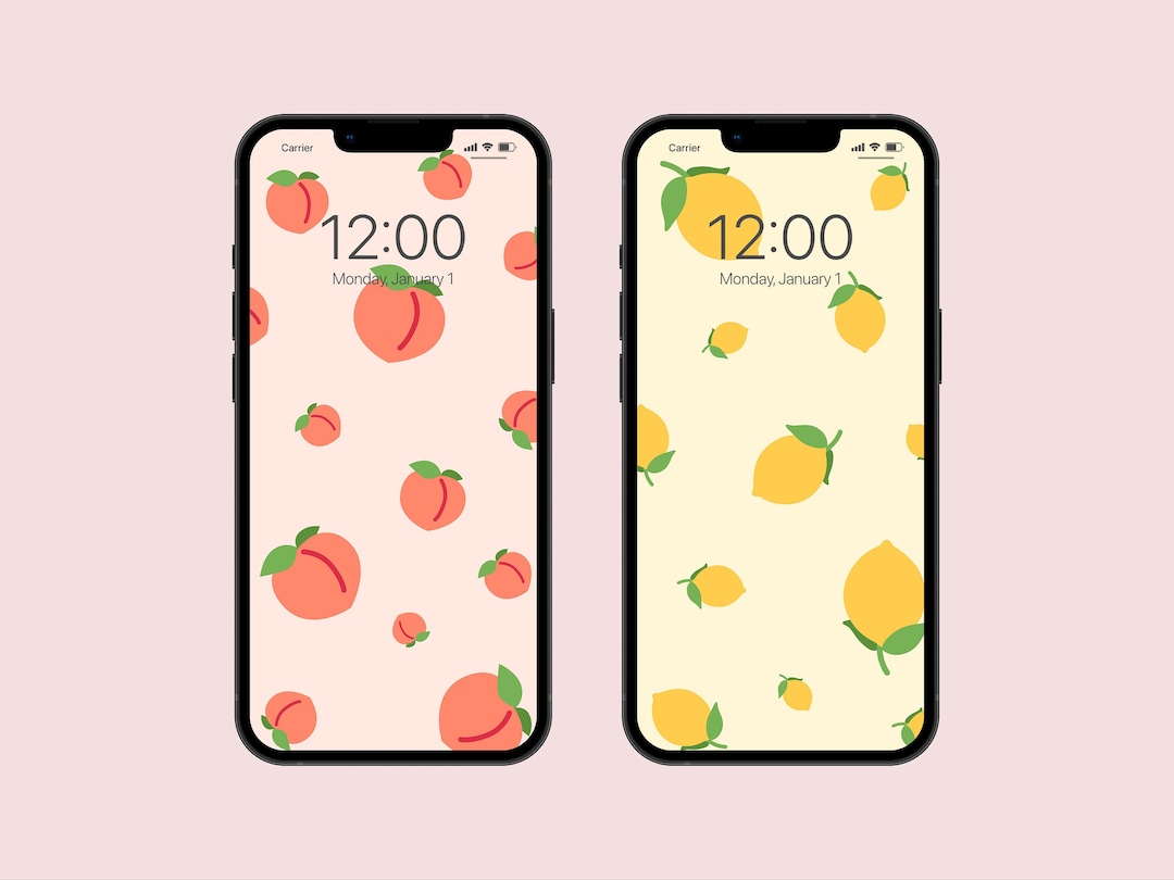 Cute Peach and Lemon iPhone Wallpaper Set of 2, Fruit Pattern Phone ...