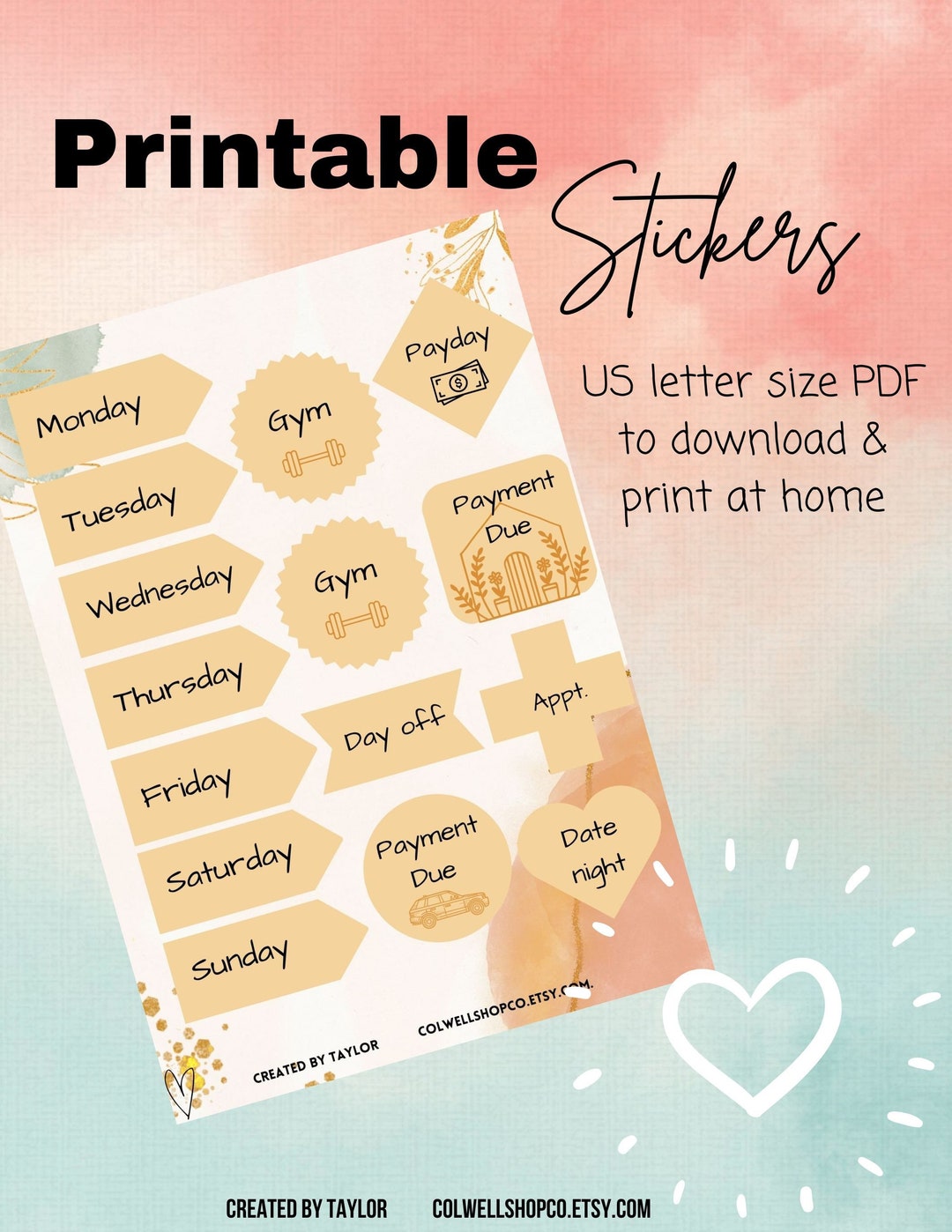 Weekday Printable Stickers, Calendar and Scrapbook Stickers, Digital ...
