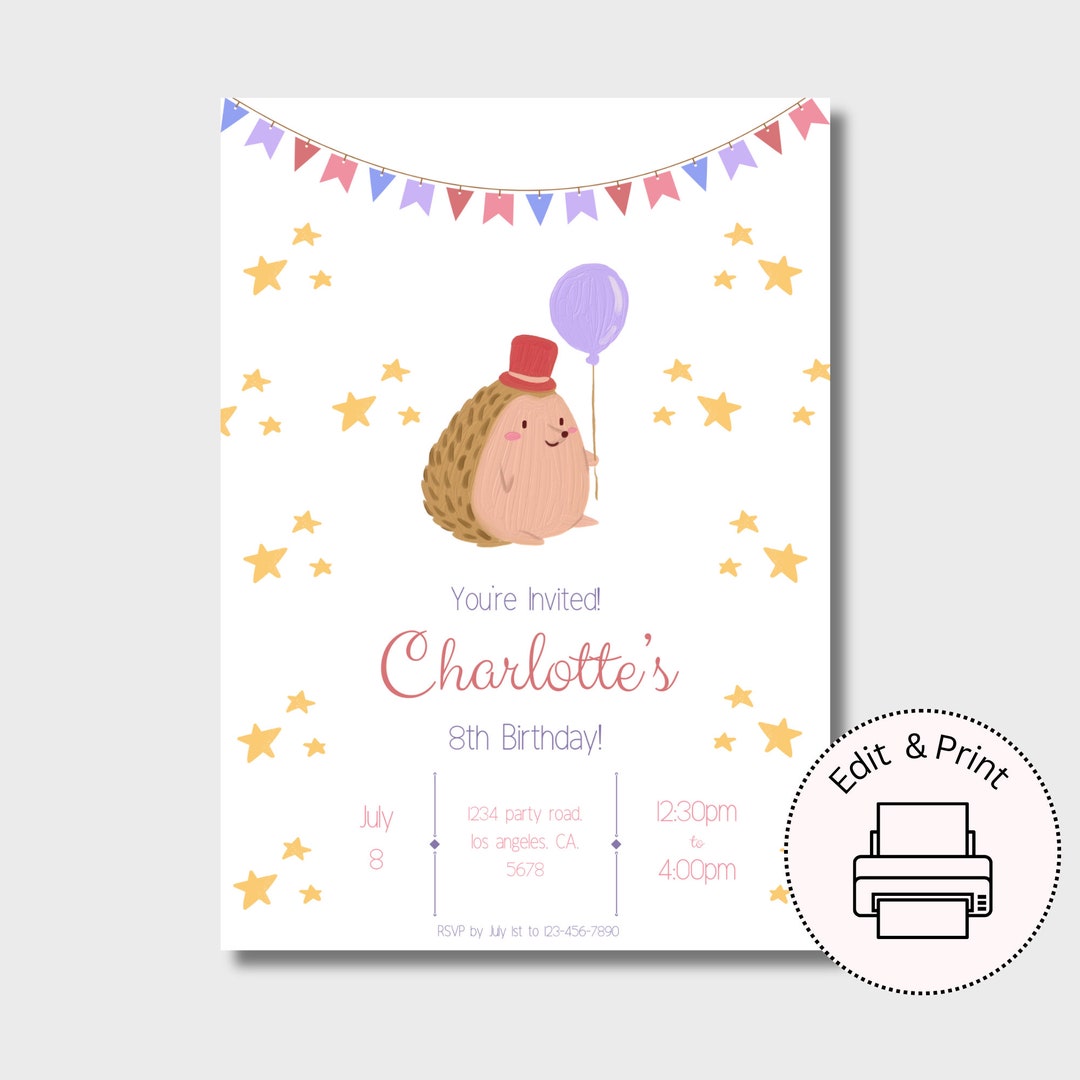 Editable Hedgehog Birthday Invitation, Children's Birthday Party Invite ...