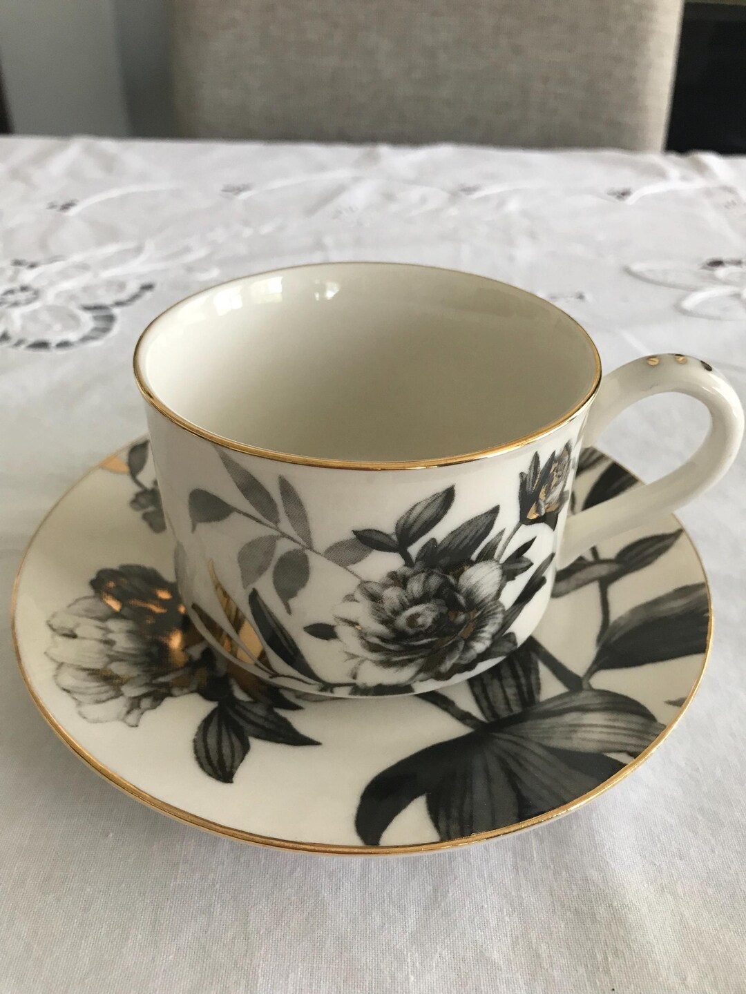 Vintage Grace's Teaware Black Peony and Gold Teacup and Saucer - Etsy