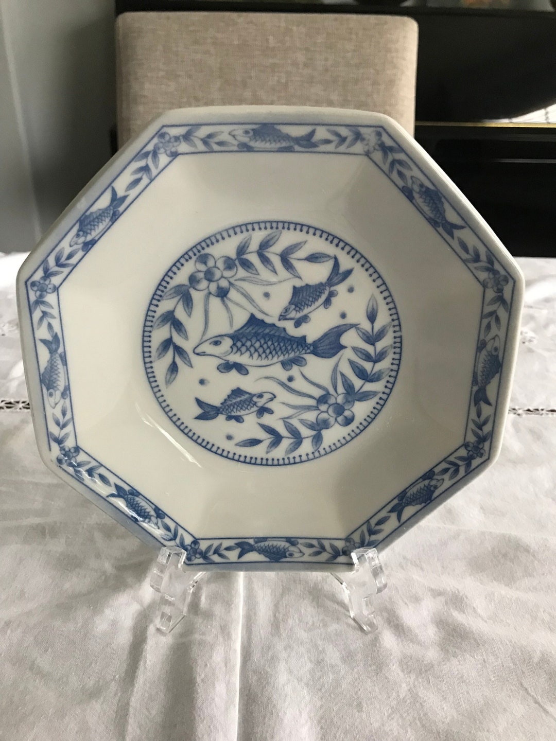 Vintage Chinese Blue and White Fish Pattern Ceramic Serving Dish . - Etsy