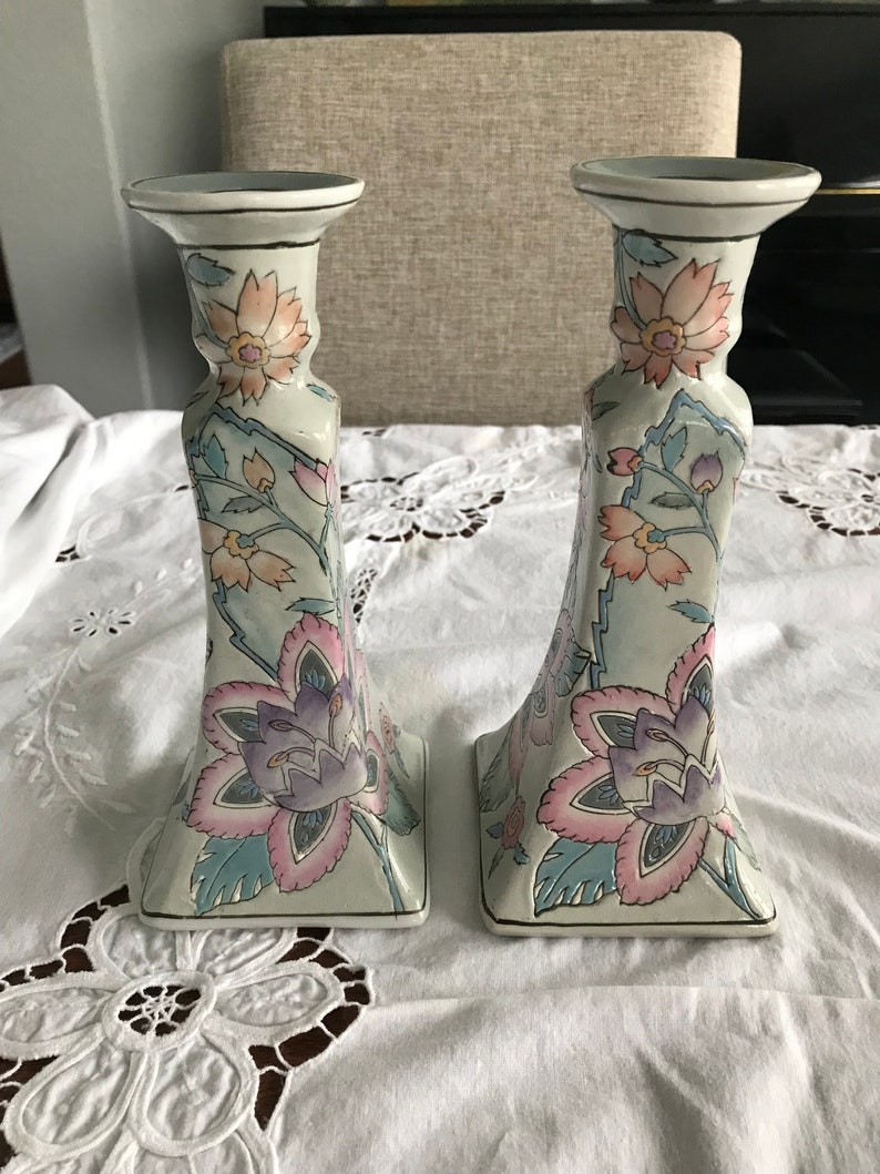 Vintage Chinese Floral Patterned Ceramic Candle Holders - Etsy