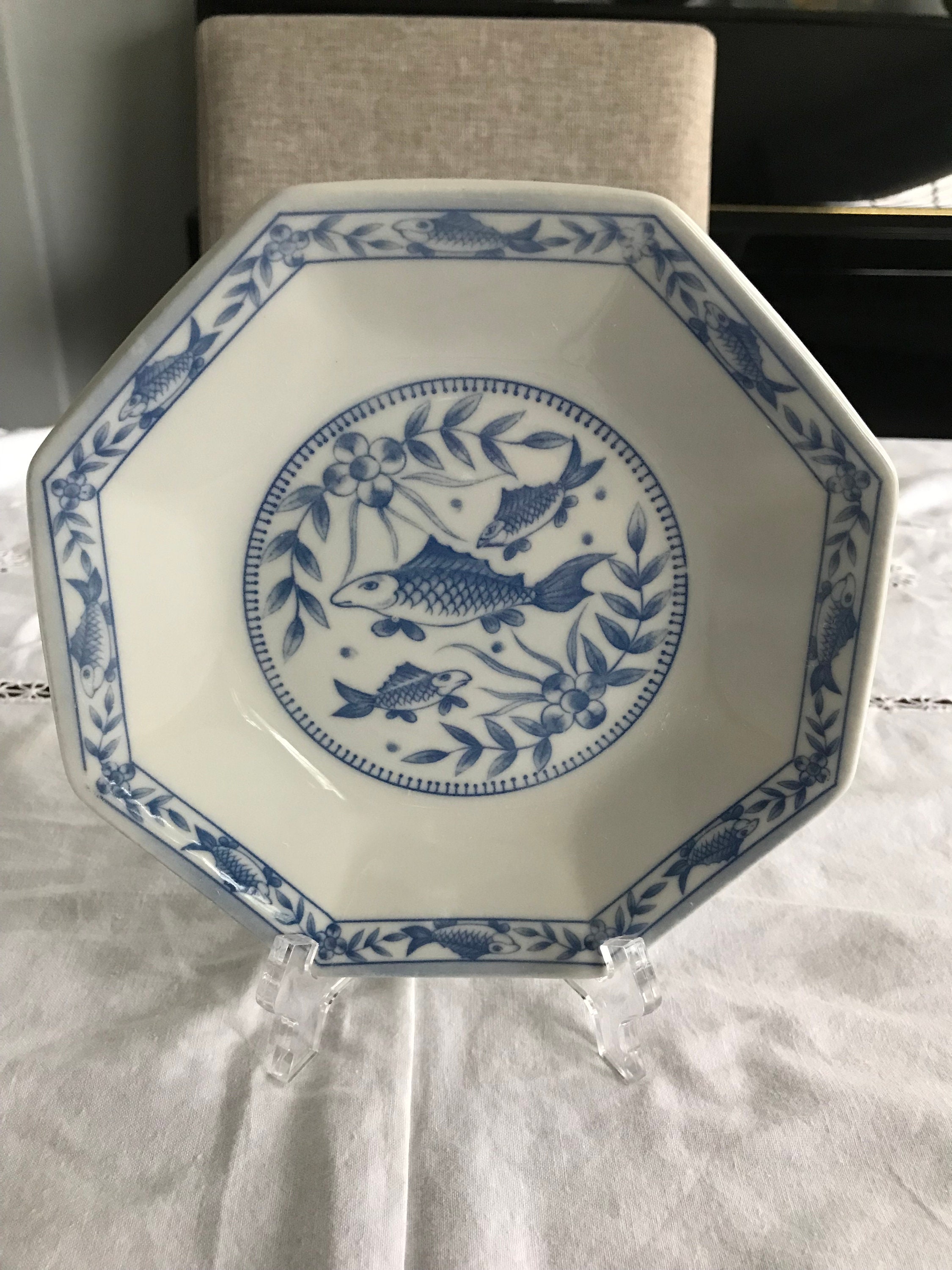 Vintage Chinese Blue and White Fish Pattern Ceramic Serving Dish . - Etsy