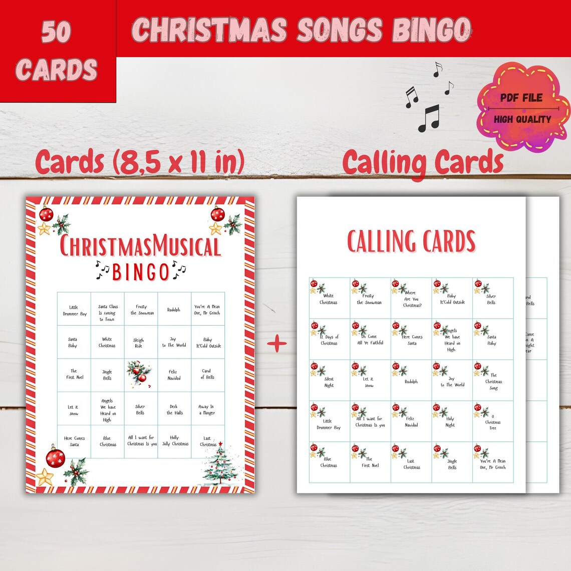 Christmas Songs Bingo Game: 50 Cards, Playlist (printable PDF) - Etsy