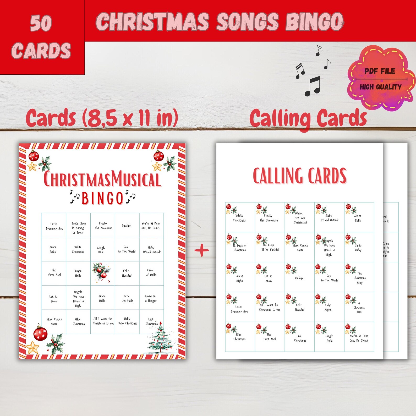 Christmas Songs Bingo Game: 50 Cards, Playlist (printable PDF) - Etsy