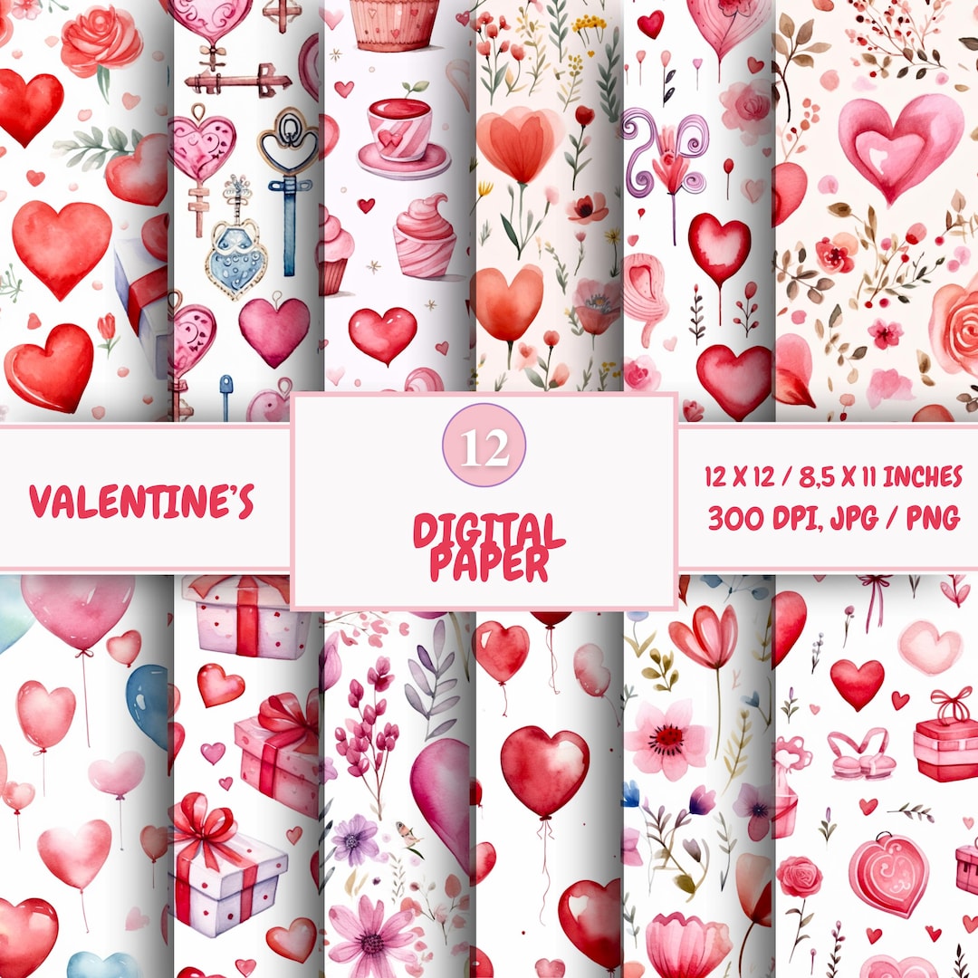 Valentine's Day Digital Paper Pack: Romantic Scrapbook Patterns ...