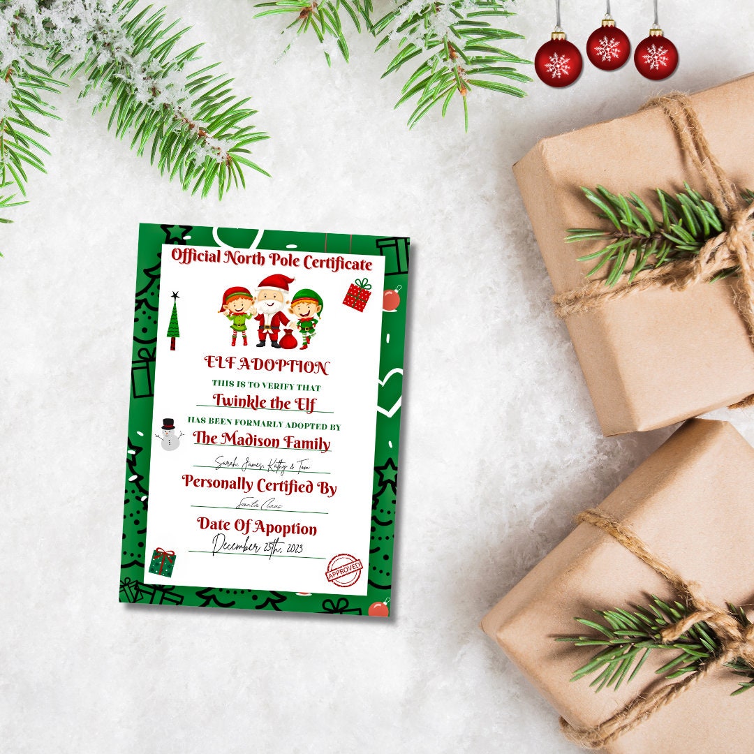 Elf Adoption Certificate Santa Claus Approved Letter From North Pole ...