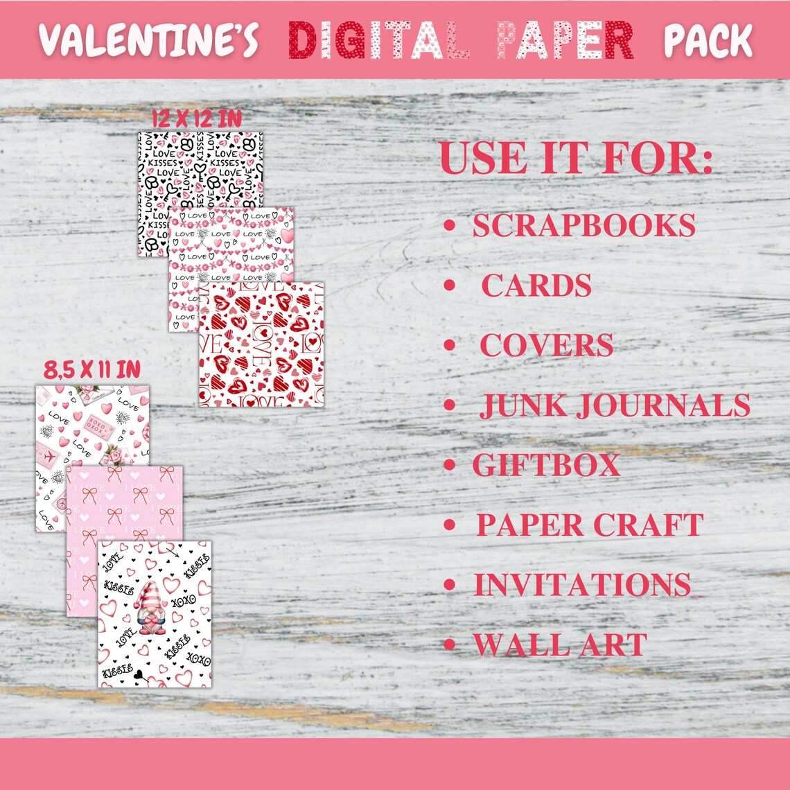 Valentine's Day Digital Paper Pack Scrapbook Paper Romantic Craft ...