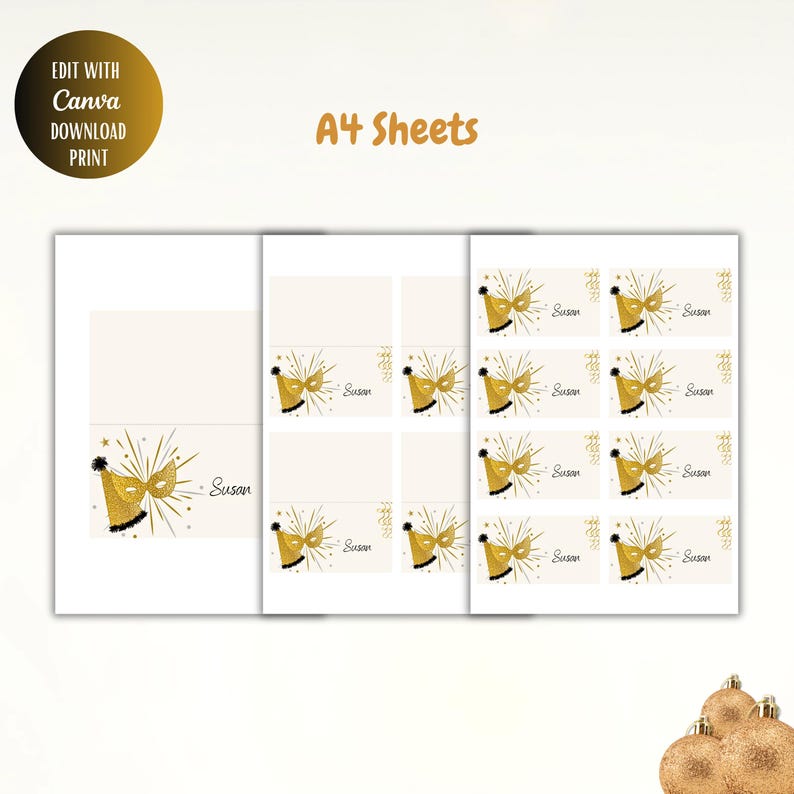 Printable New Year Place Cards: Festive Mask Design (PDF Template) - Etsy