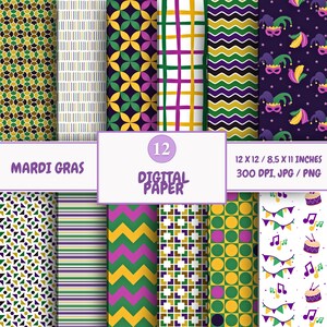 Mardi Gras Digital Paper Pack Scrapbooking Paper Craft Patterns Card 12 ...