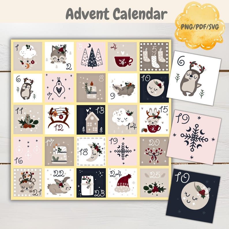 Winter Style Advent Calendar Printable Cards (PDF, PNG, SVG) - Etsy