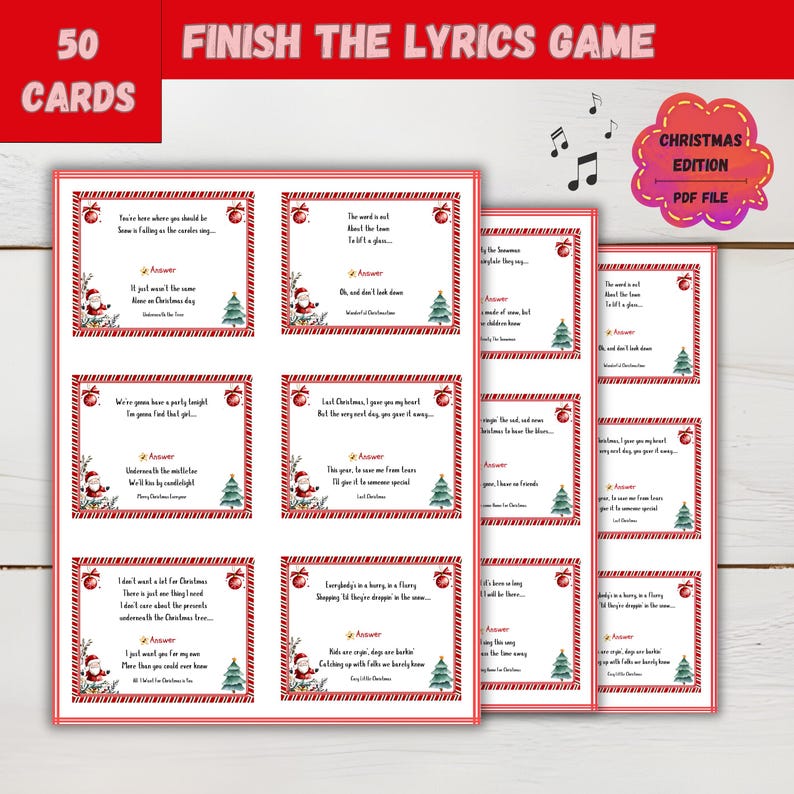 Printable Christmas Finish the Lyrics Game Holiday Party Game Festive ...