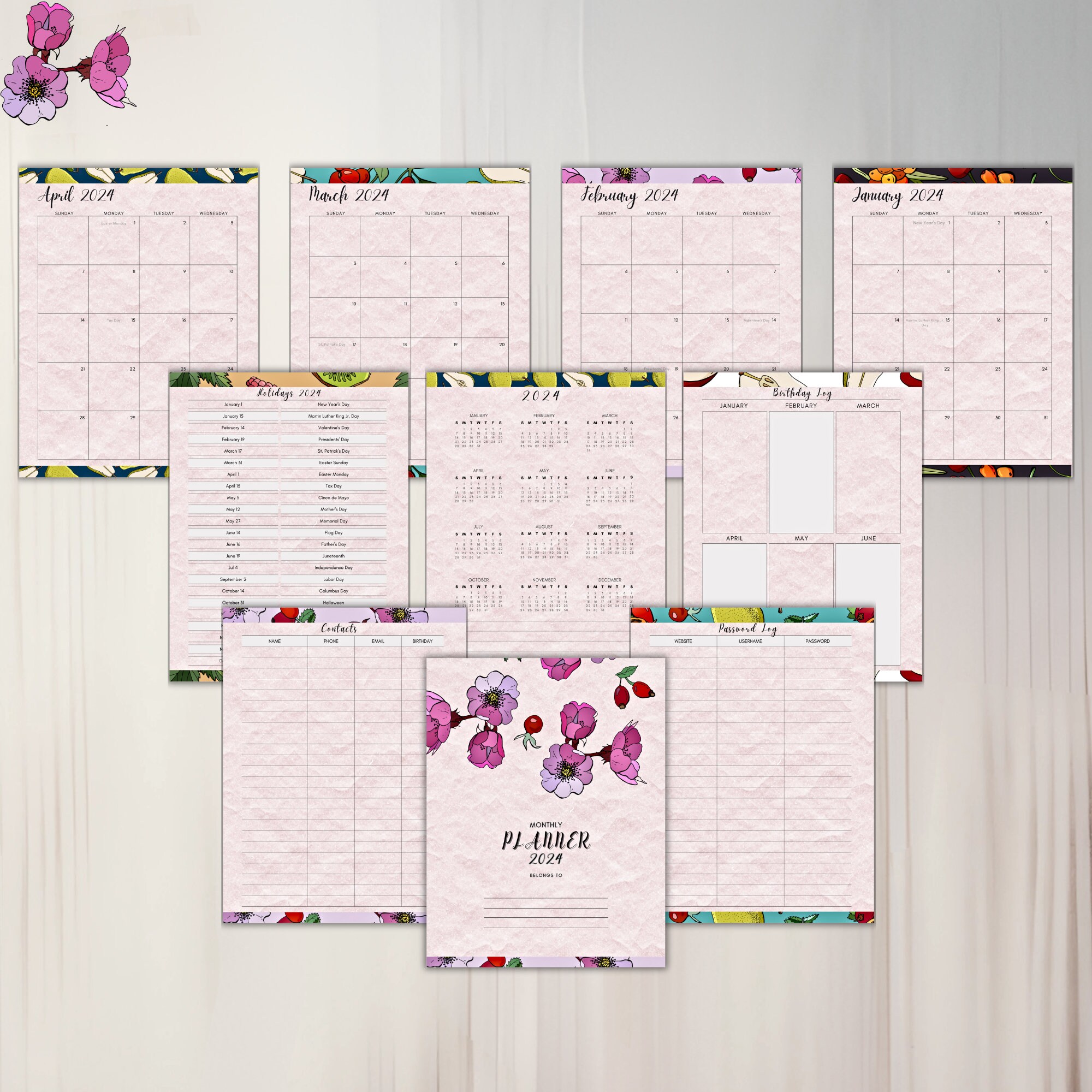 Printable Monthly Planner Purple Flowers Template 2024 Monthly Calendar ...