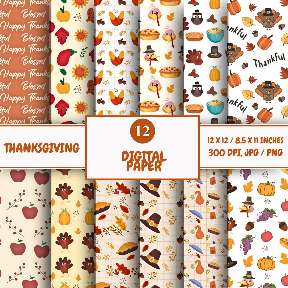 Thanksgiving Digital Paper Pack, Pumpkin, Turkey, Leaves (PNG & JPG) - Etsy