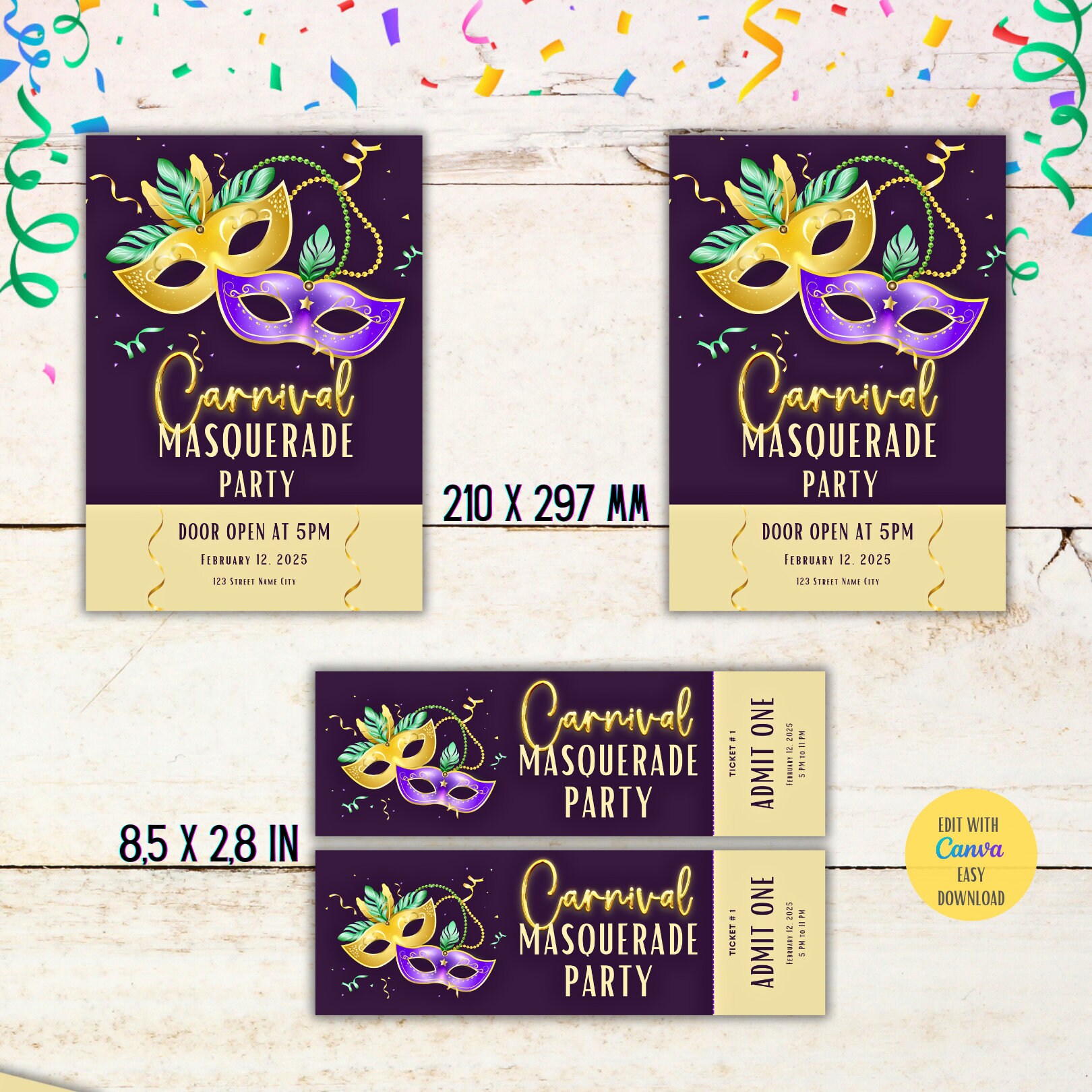 Carnival Masquerade Party Bundle: Editable Flyer + Ticket Templates for ...